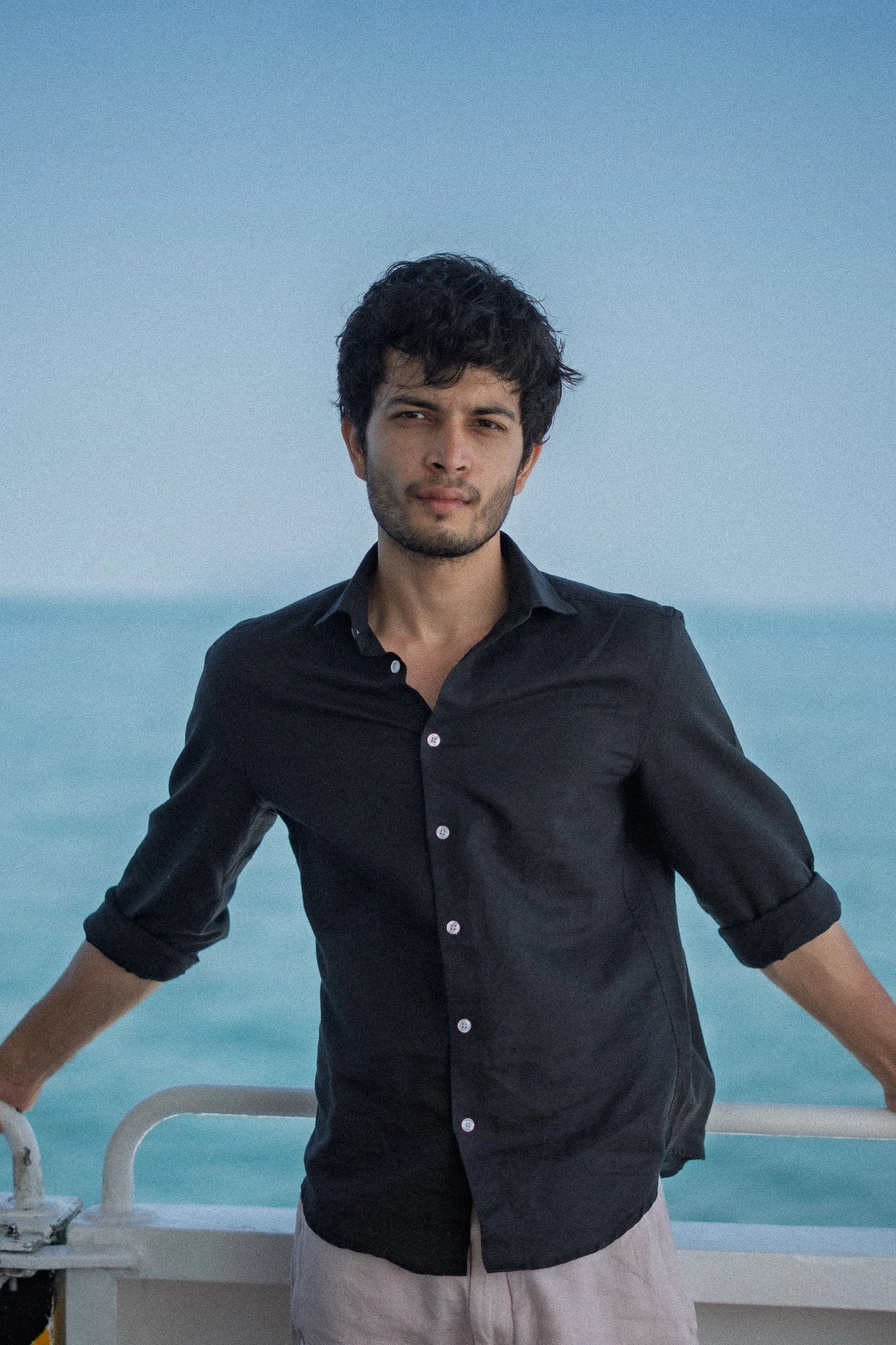 Black Linen-Blend Shirt with White Buttons – Stan Edition